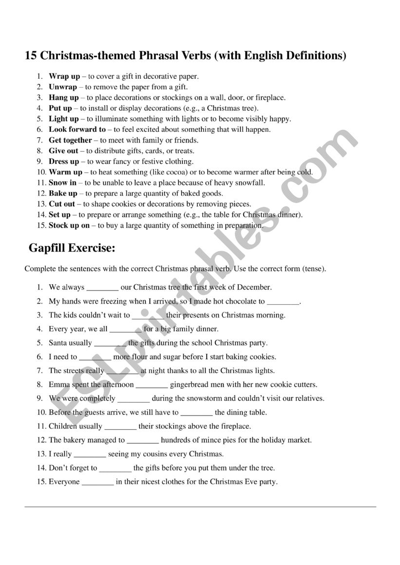 Phrasal verbs about Christmas - ESL worksheet by Ladybergamot