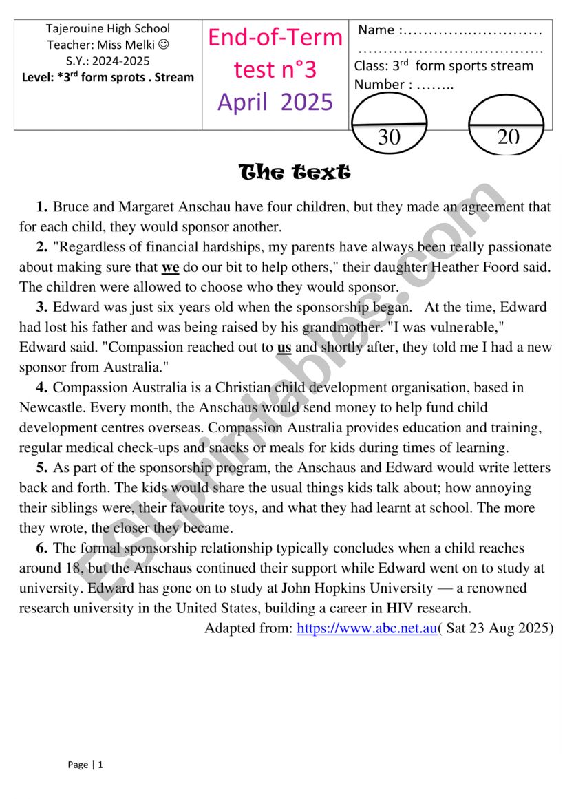 end term test 3rd form - ESL worksheet by English-teacher 38