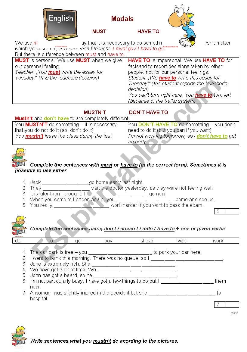 Worksheet - MODALS must/mustn´t vs have to/not have to - ESL worksheet ...