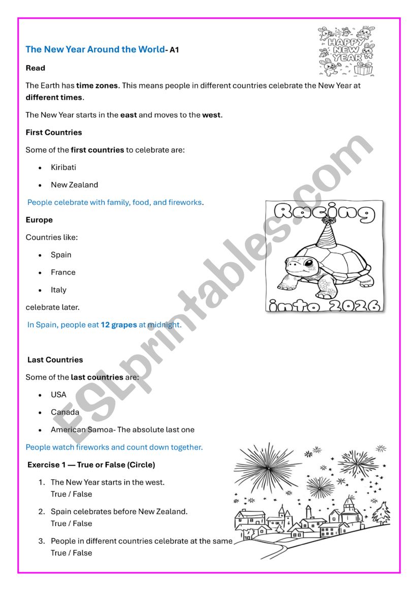 NEW YEAR AROUND THE WORLD EASIER VERSION TIMELINE - ESL worksheet by ...
