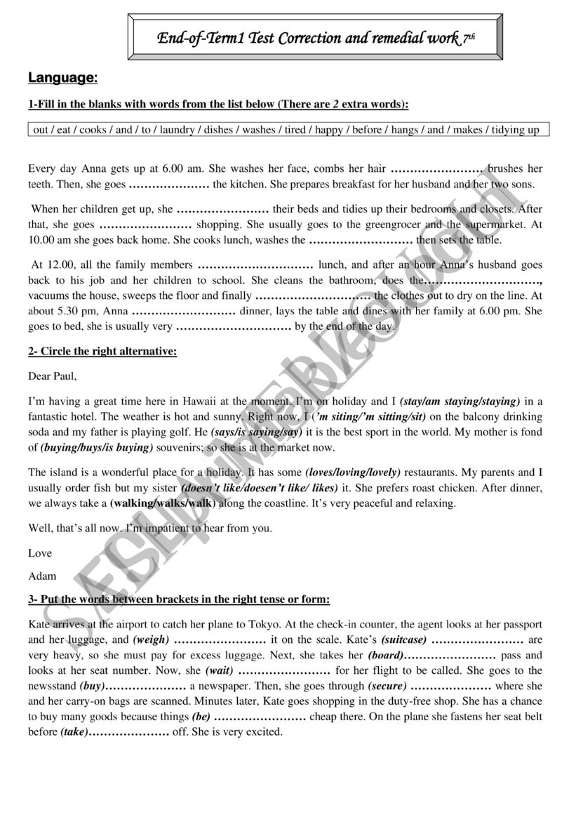 end-of-term 1 test 7th form - ESL worksheet by Yasmina Yasmina
