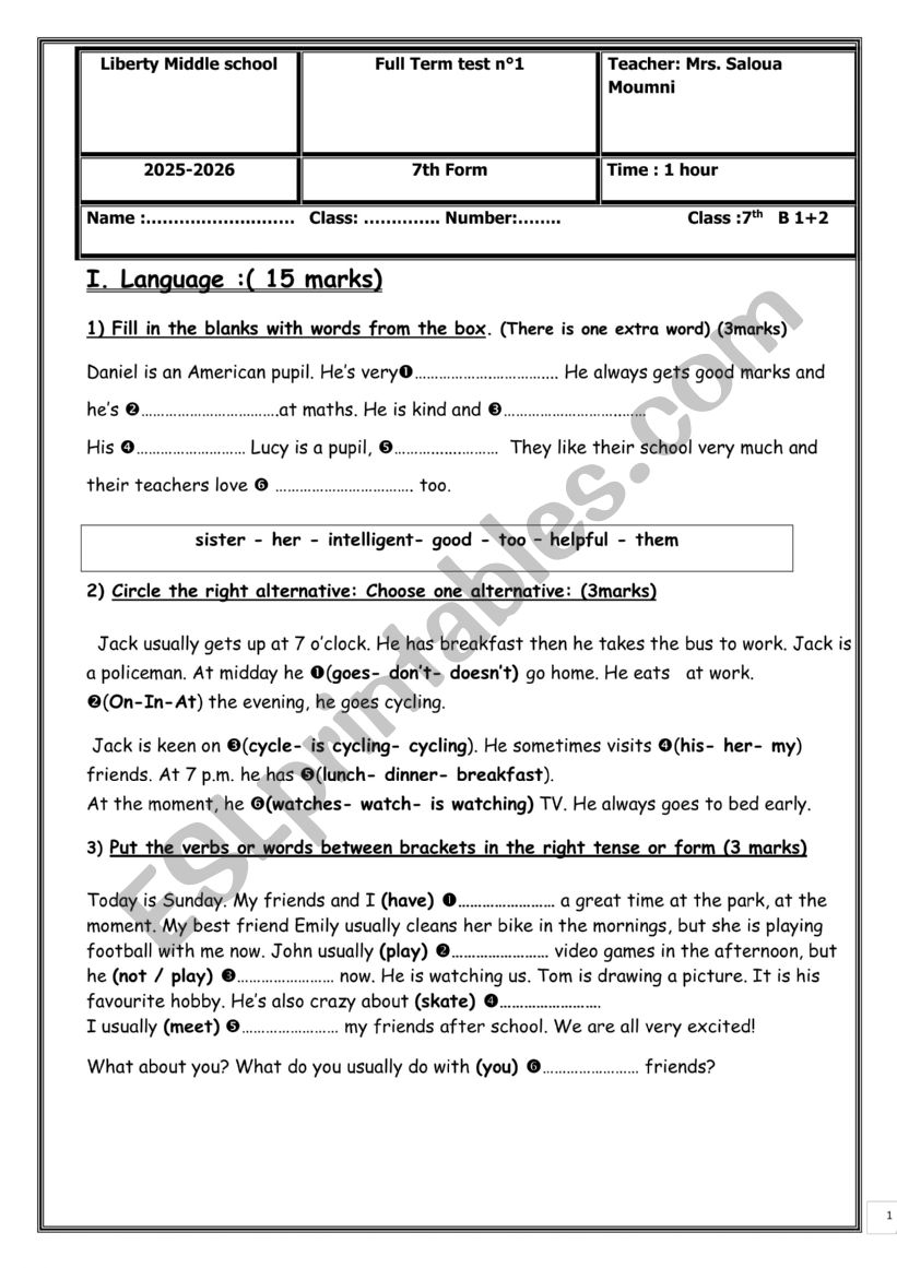 end pf term test 1 7th form - ESL worksheet by SalouaYassine