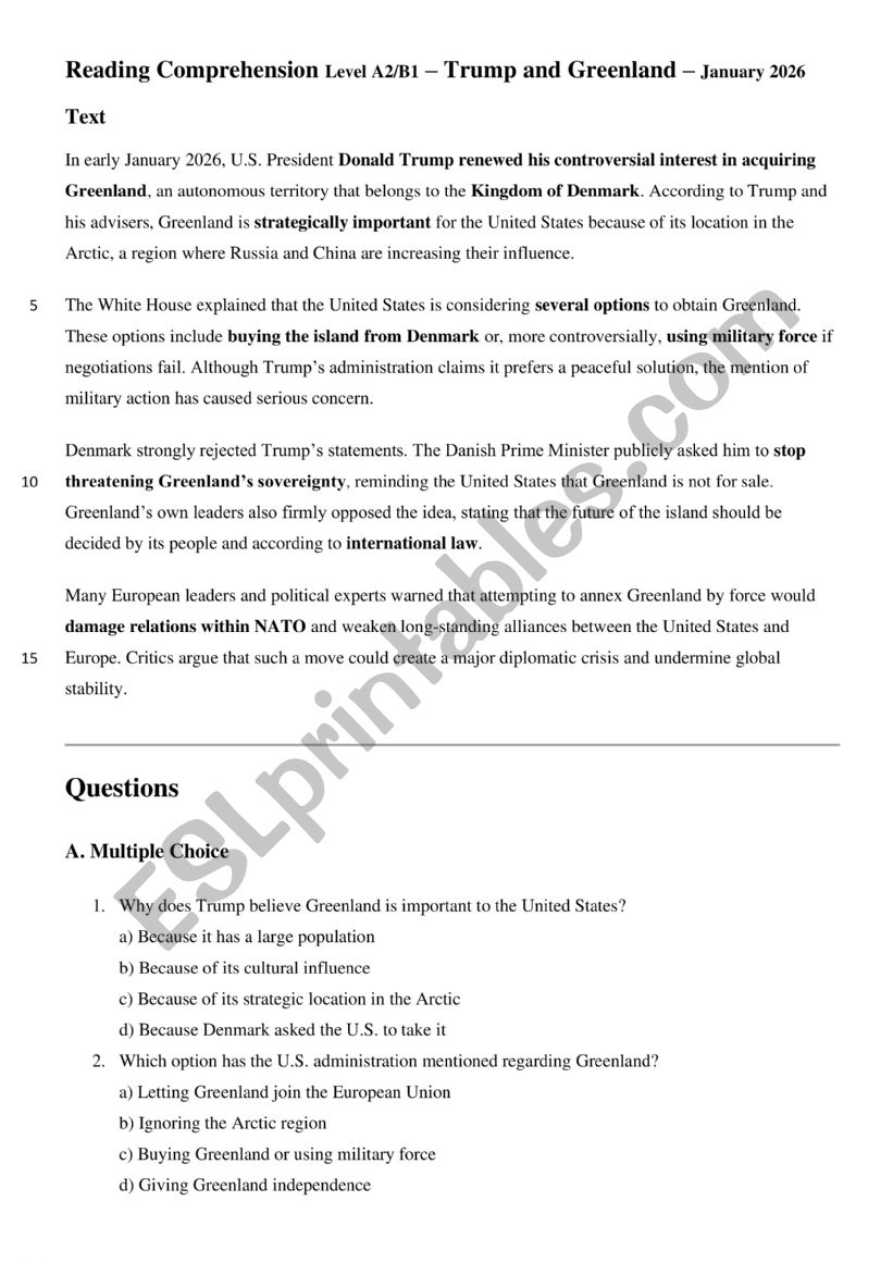 Reading Comprehension Trump and Greenland - ESL worksheet by Ladybergamot