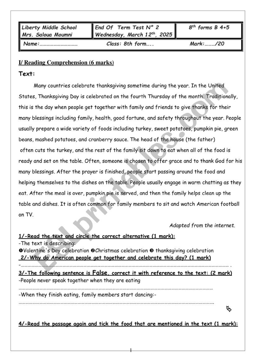 end of term test 2 8th form - ESL worksheet by SalouaYassine