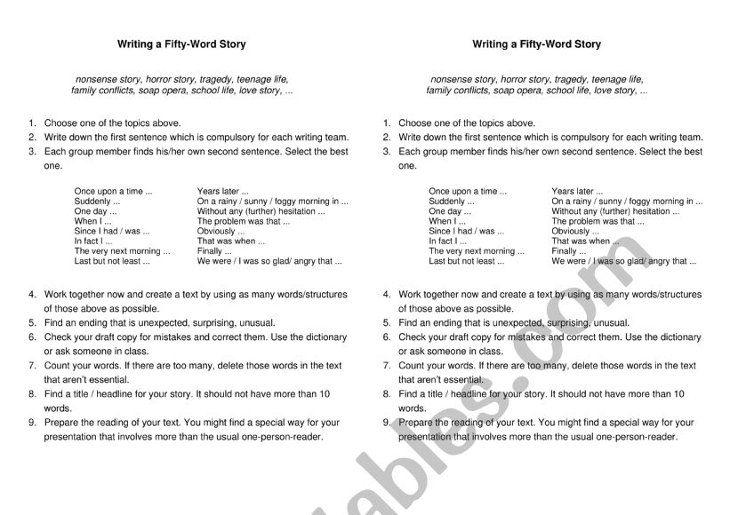 Writing a Fifty-Word Story - ESL worksheet by KristinaH
