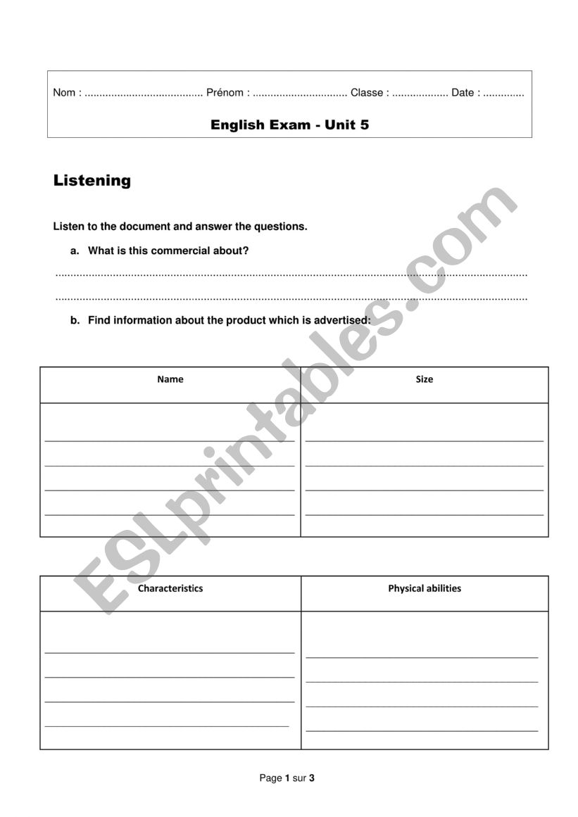 Listening Test - ESL worksheet by Noura2025