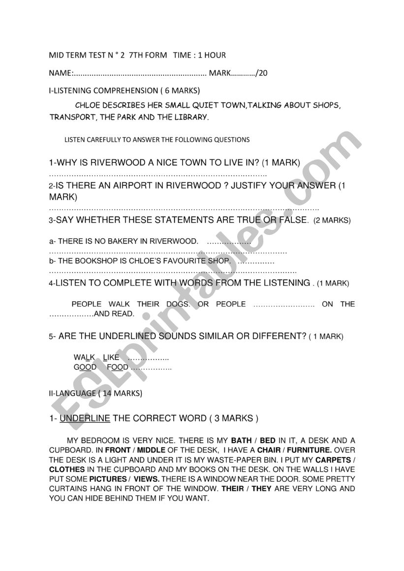 mid term 2 test 7th form - ESL worksheet by Teacher Karima