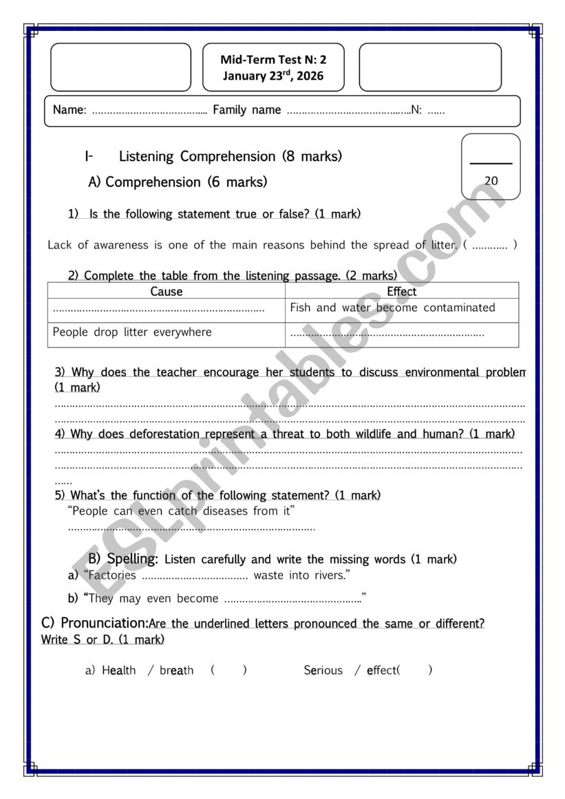 Mid term test 2 th grade - ESL worksheet by riadhriadh
