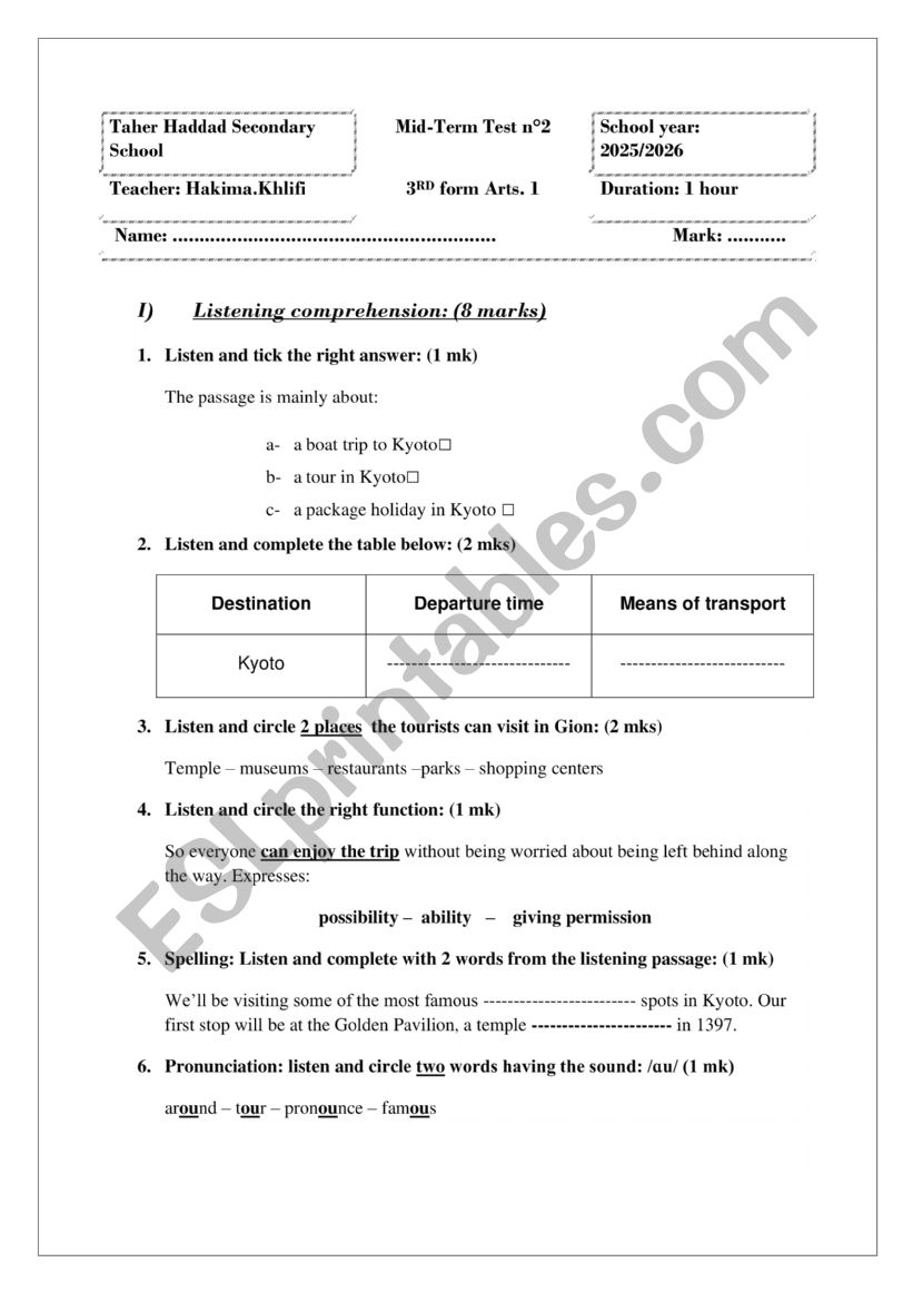 Mid Term 2 third form - ESL worksheet by kima85