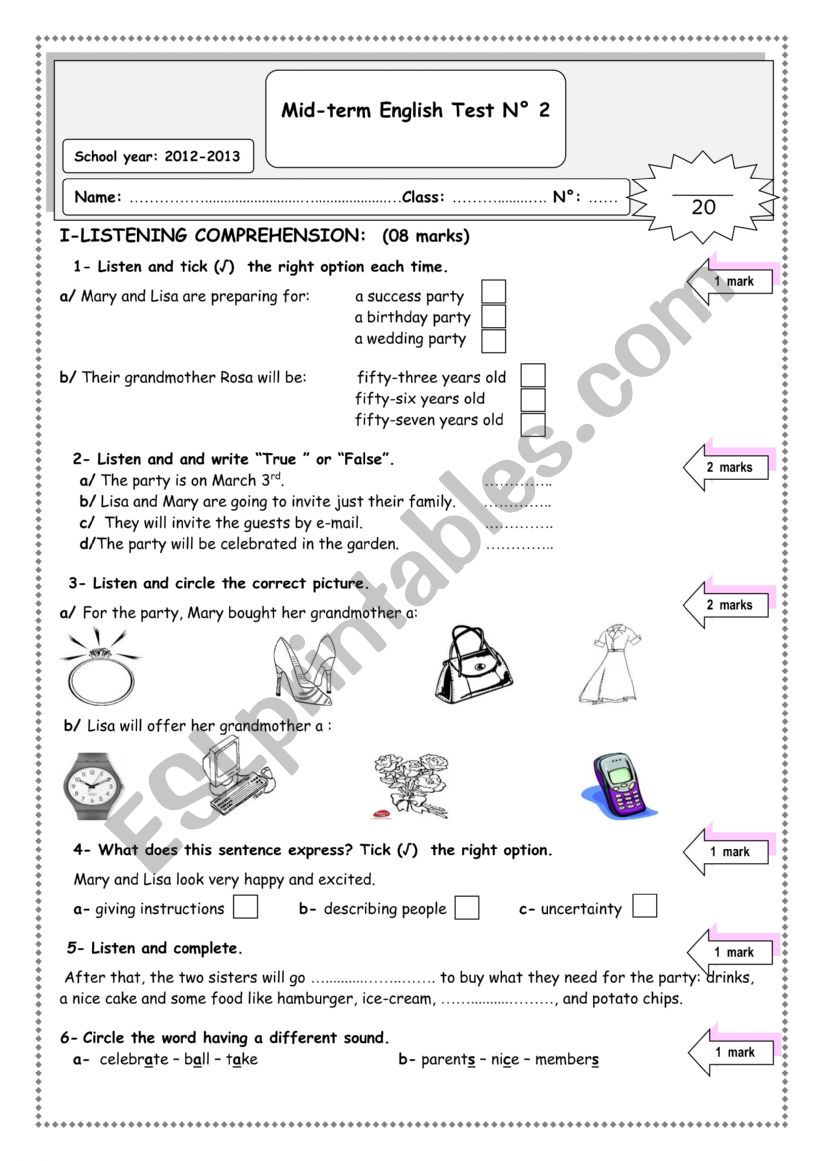 mid term test 2 8th form - ESL worksheet by Tamtouma