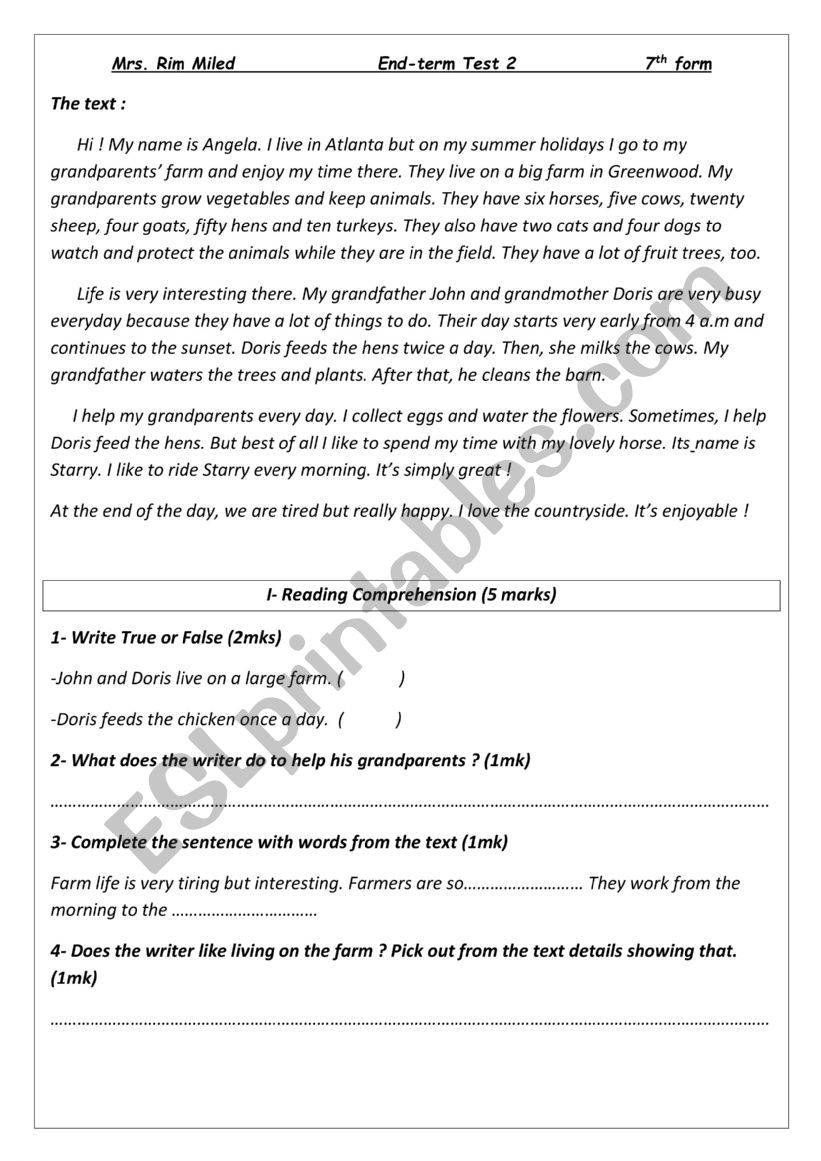 English-midterm2-test-7th form - ESL worksheet by gazella