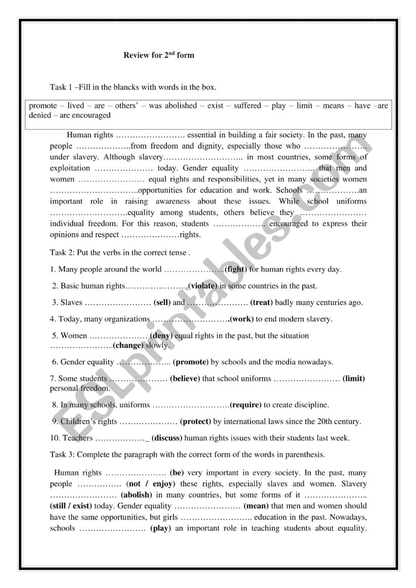 Review for 2nd form - ESL worksheet by zaitouna