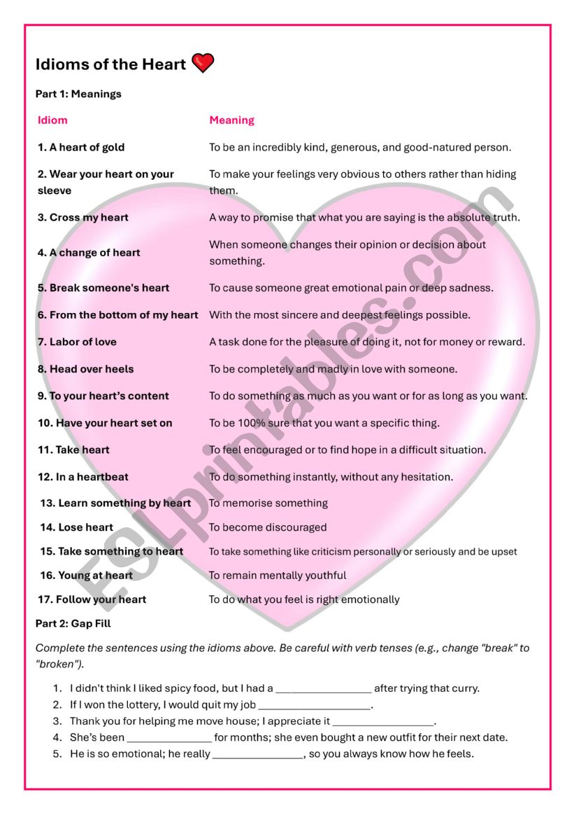 Idioms of the heart - ESL worksheet by Gurnoor
