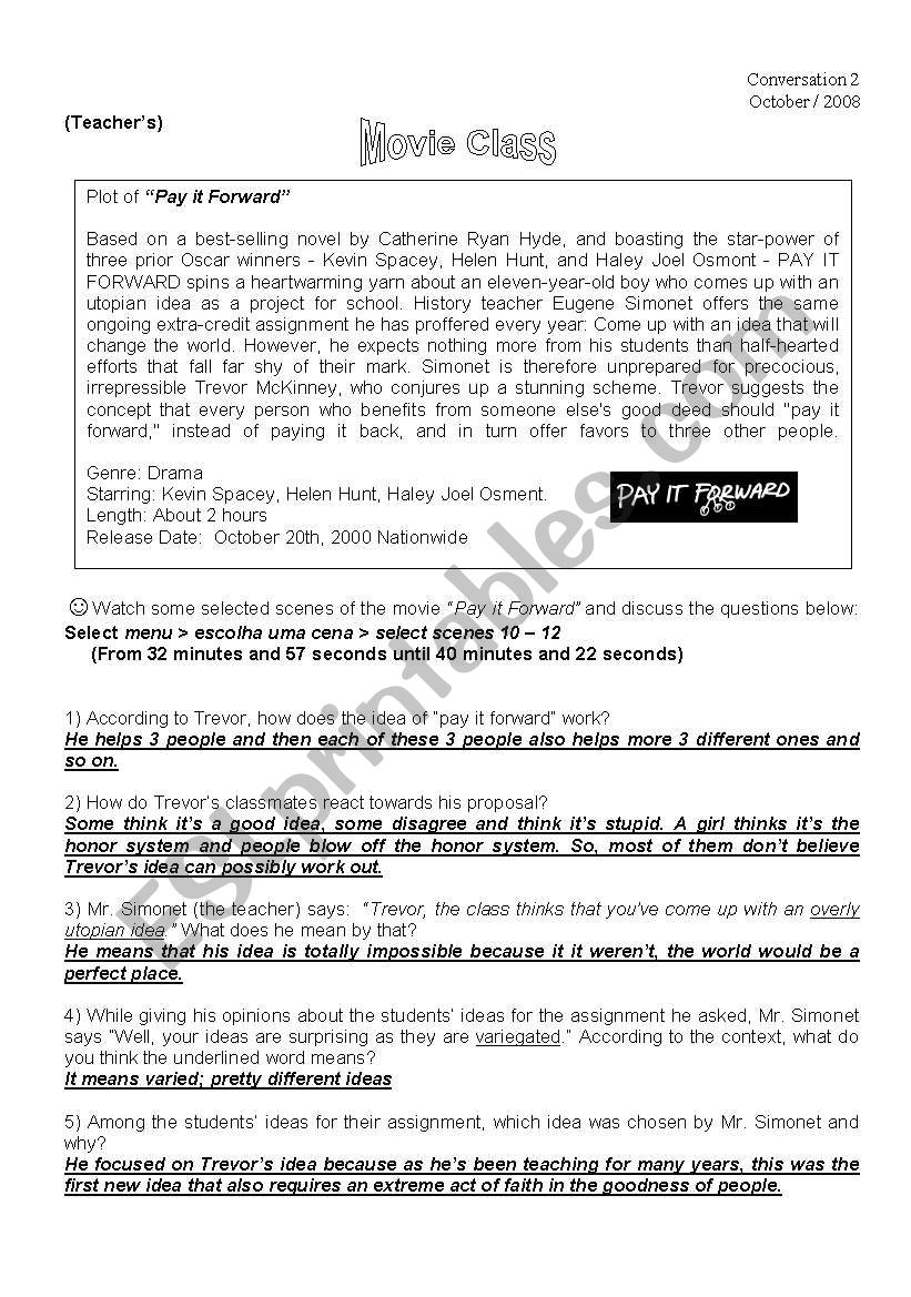 Movie-conversation class based on the Film - Pay it forward (Teacher´s ...