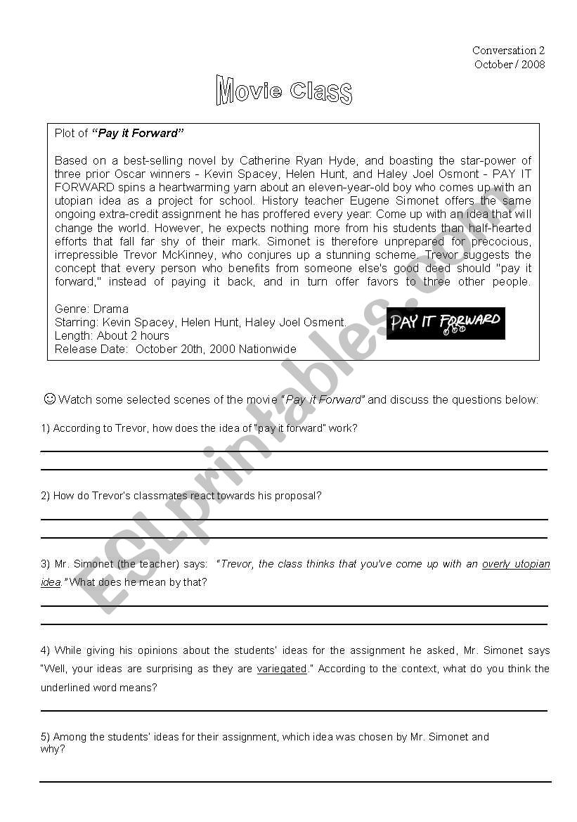 Movie-conversation class based on the Film - Pay it Forward (Student´s ...