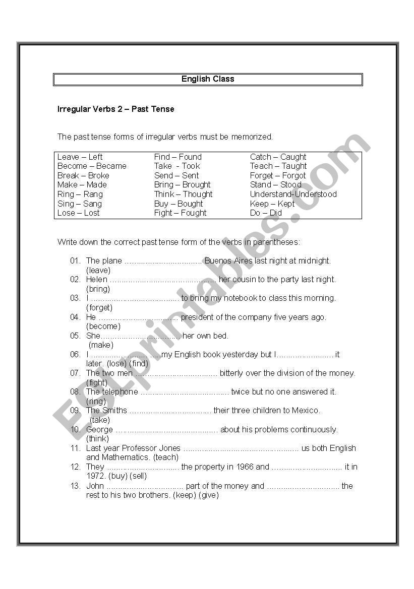 Irregular Verbs 2 – Past Tense - ESL worksheet by bklarner