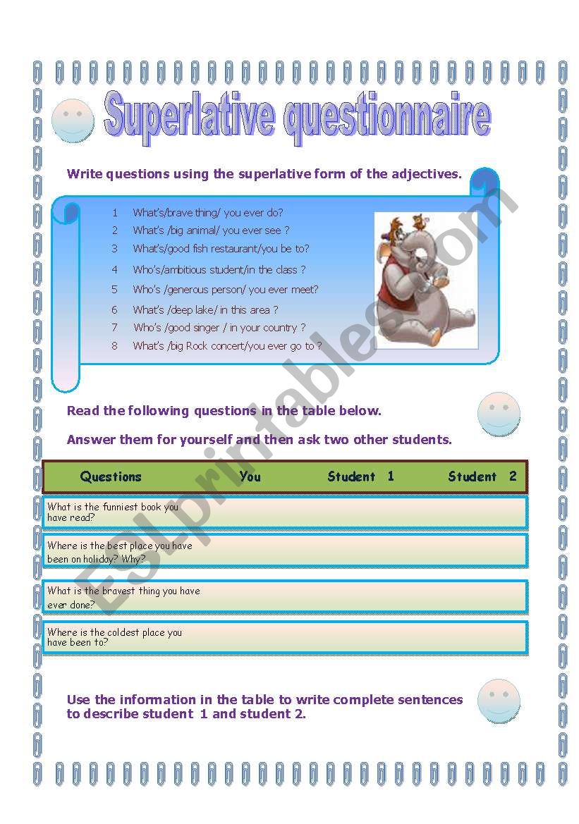 Superlative questionaire for pre-intermediate students. With complete ...
