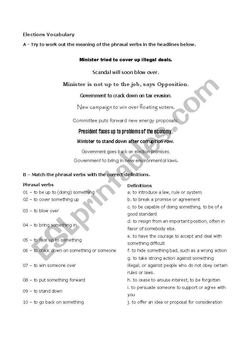 Elections - Vocabulary exercise - there´s a key worksheet (separate)