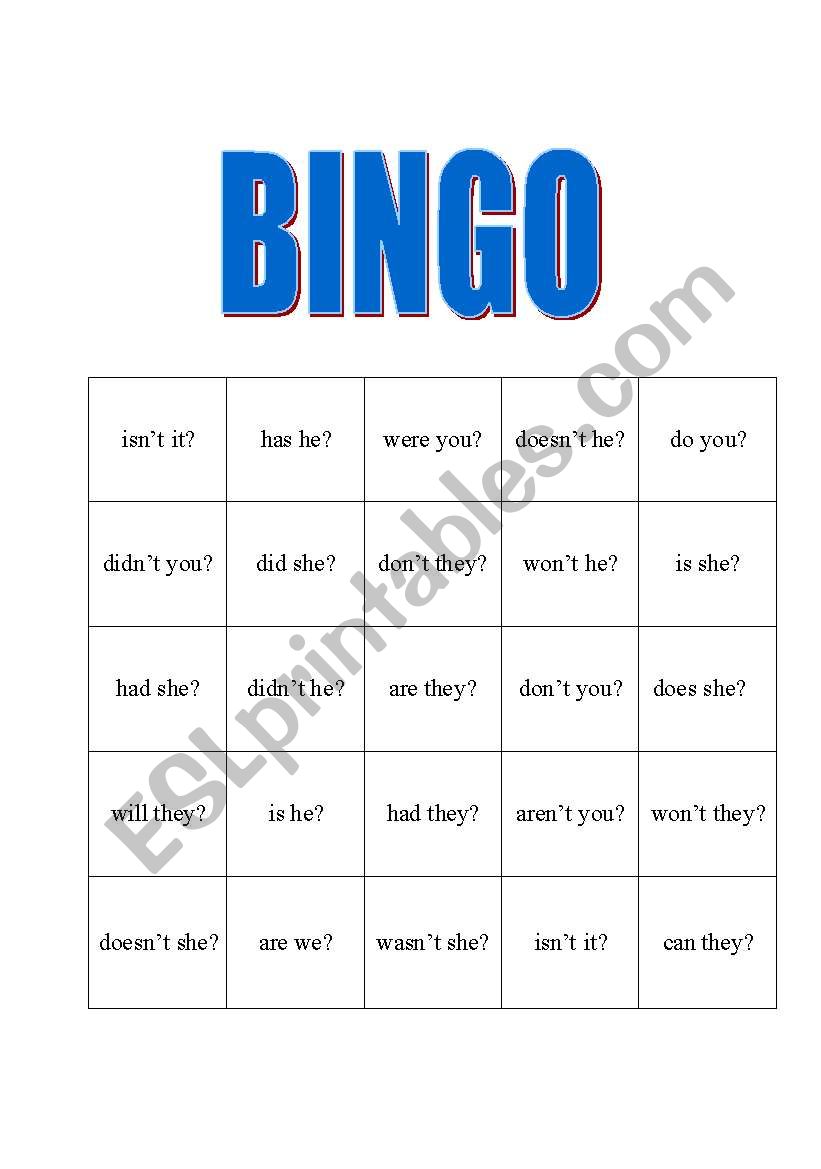 Tag Question Bingo - ESL worksheet by kellyshah