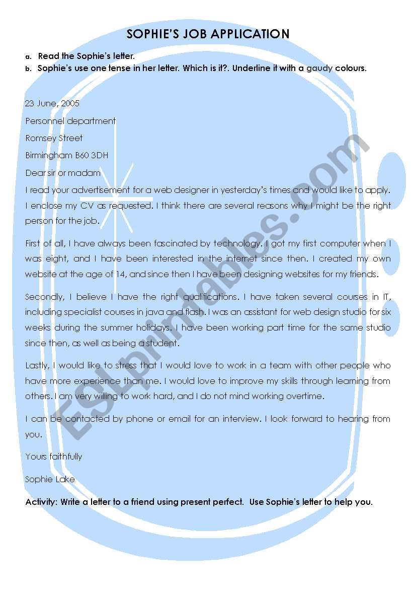 SOPHIE’S JOB APPLICATION - ESL worksheet by SLSF