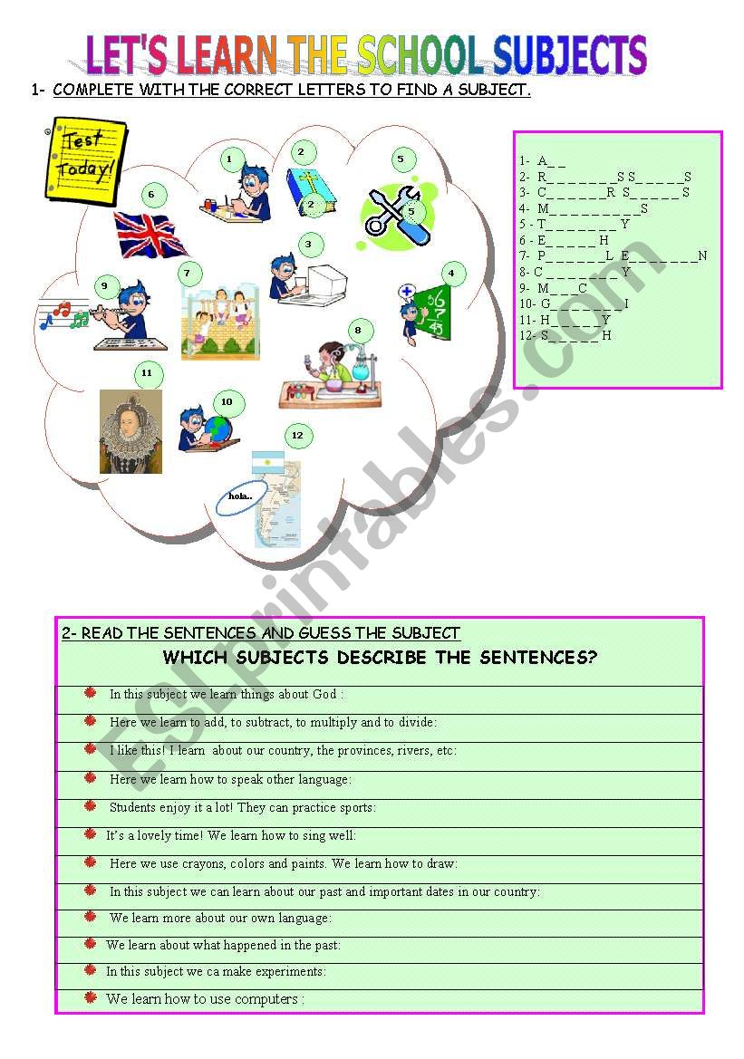 LET´S LEARN THE SCHOOL SUBJECTS - ESL worksheet by cely