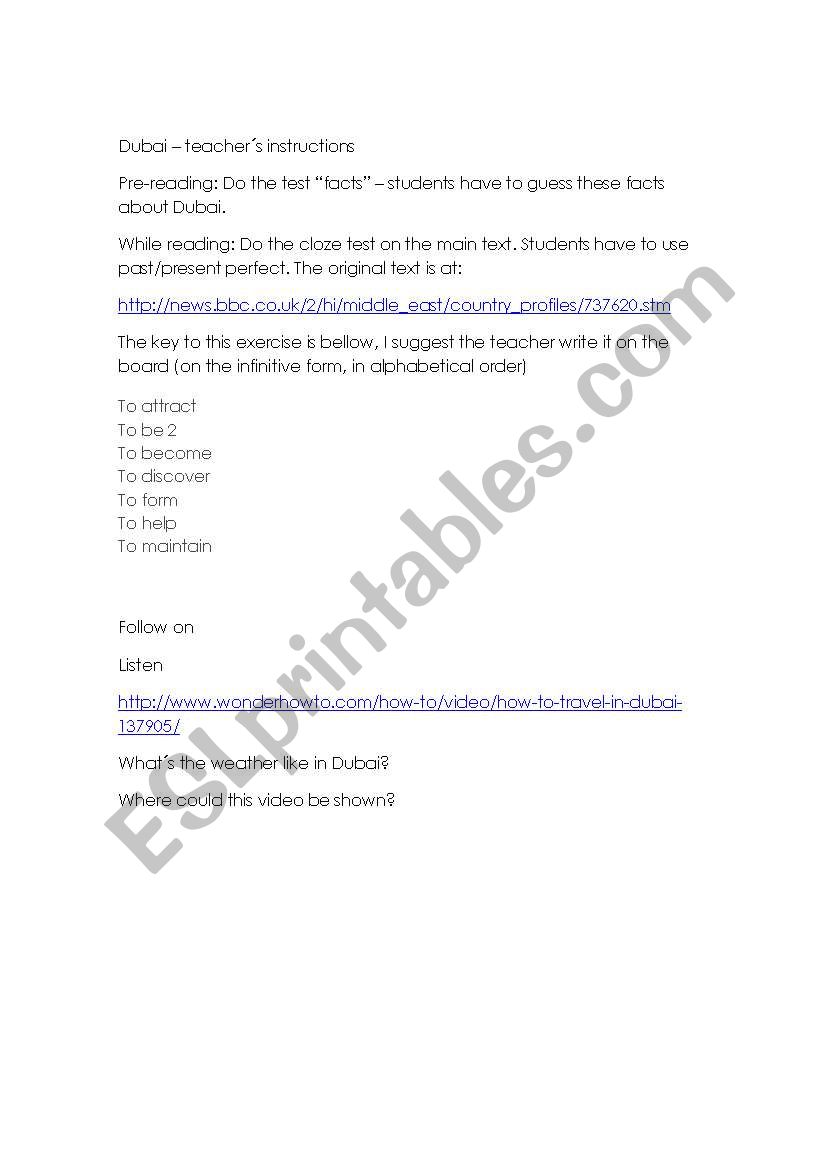 English worksheets: Dubai (cloze test - reading): teacher´s guide