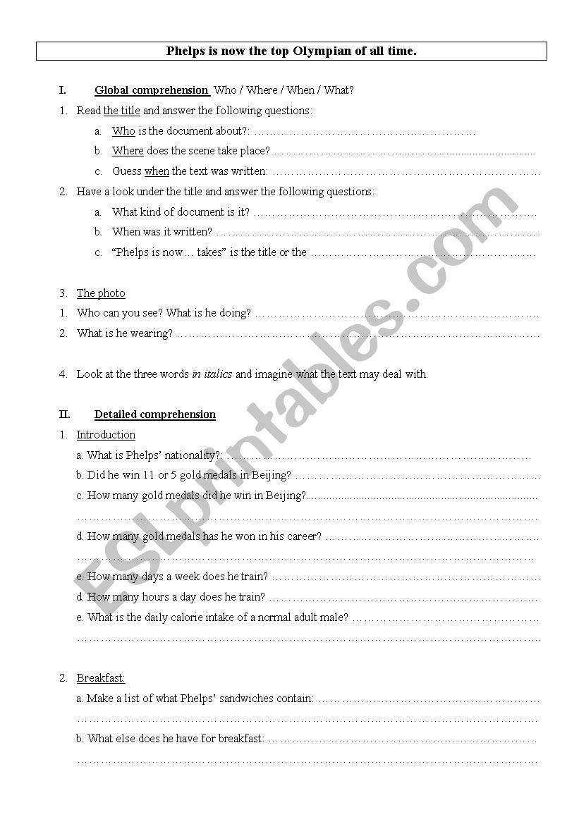 Michael phelps´diet - Worksheet - ESL worksheet by sdelory