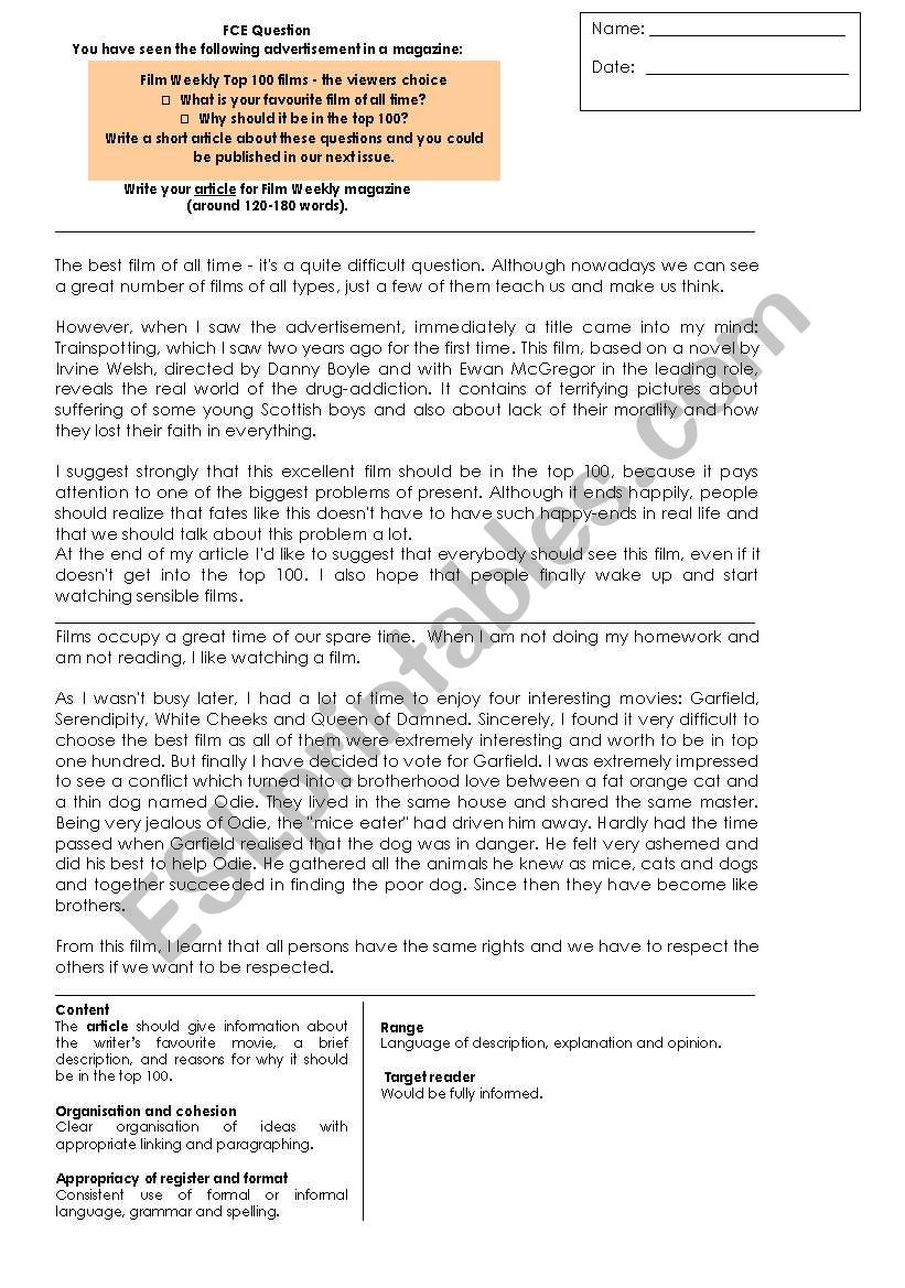FCE ARTICLE WRITING LESSON - ESL worksheet by Vickiii FCE ARTICLE WRITING LESSON - ESL worksheet by Vickiii