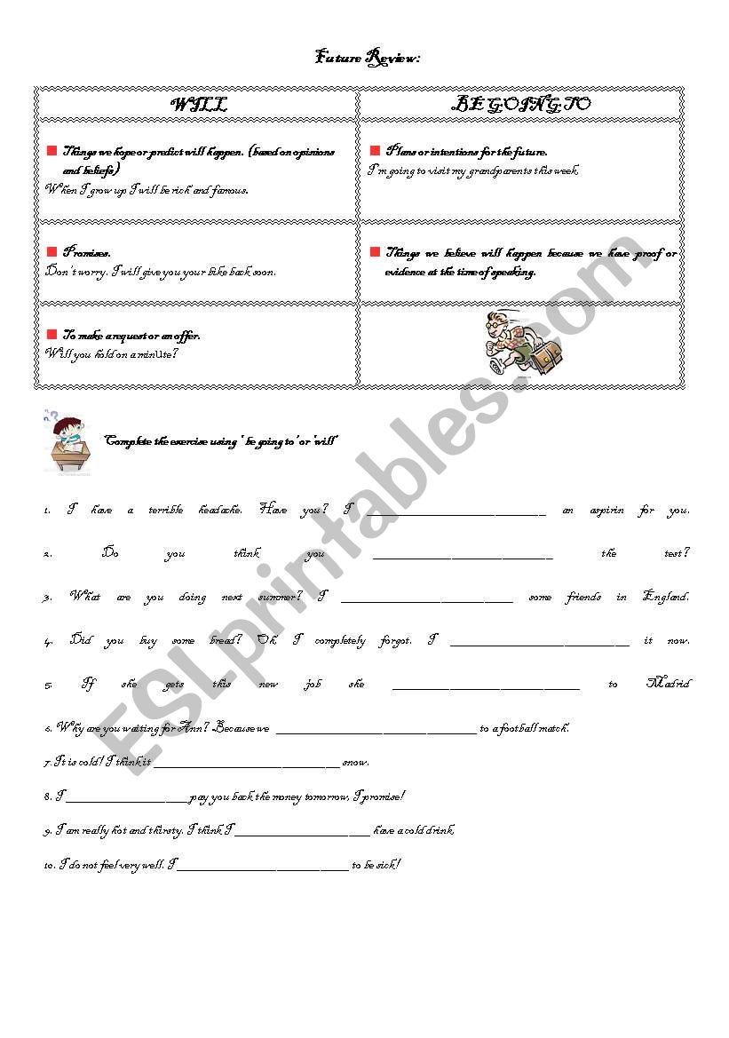 future review ´be going to vs will´ - ESL worksheet by cinnamoncandy