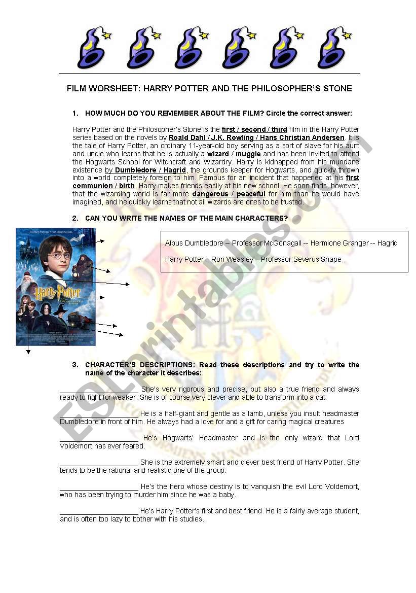 Film Worsheet: Harry Potter and the Philosopher´s Stone - ESL worksheet ...