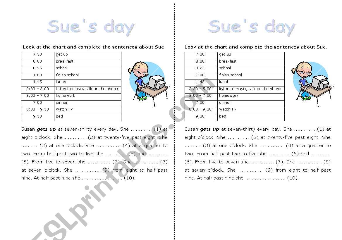 Sue´s day - daily routines - ESL worksheet by Lucka20