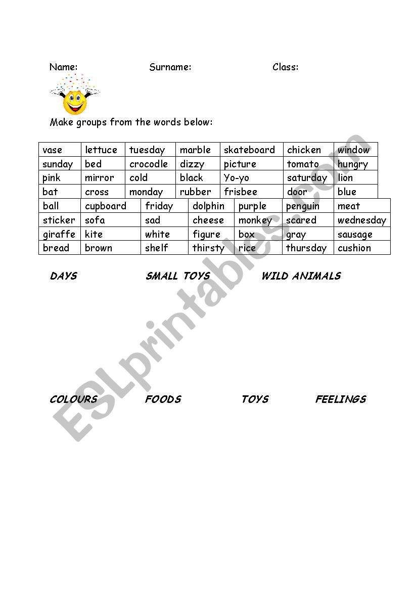 English worksheets: Make groups from the words:"foods,toys,wýld animals..."