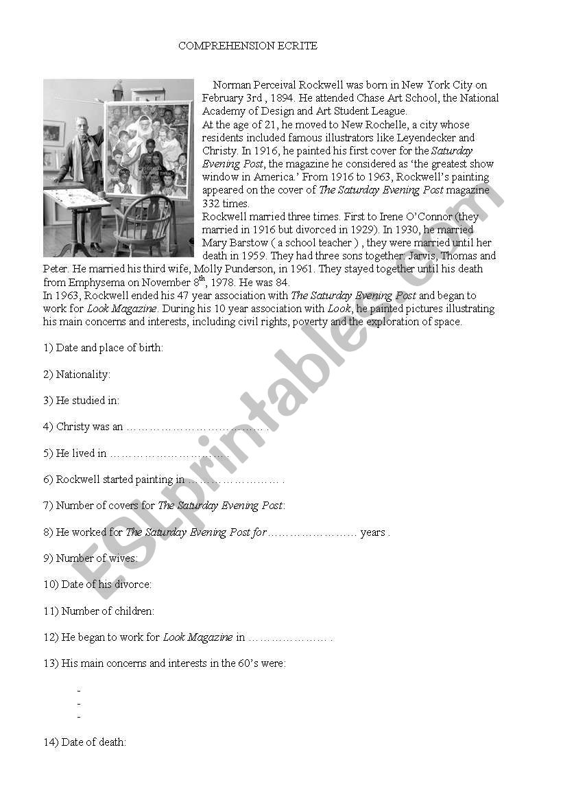 norman rockwell´s biography - ESL worksheet by jmlec