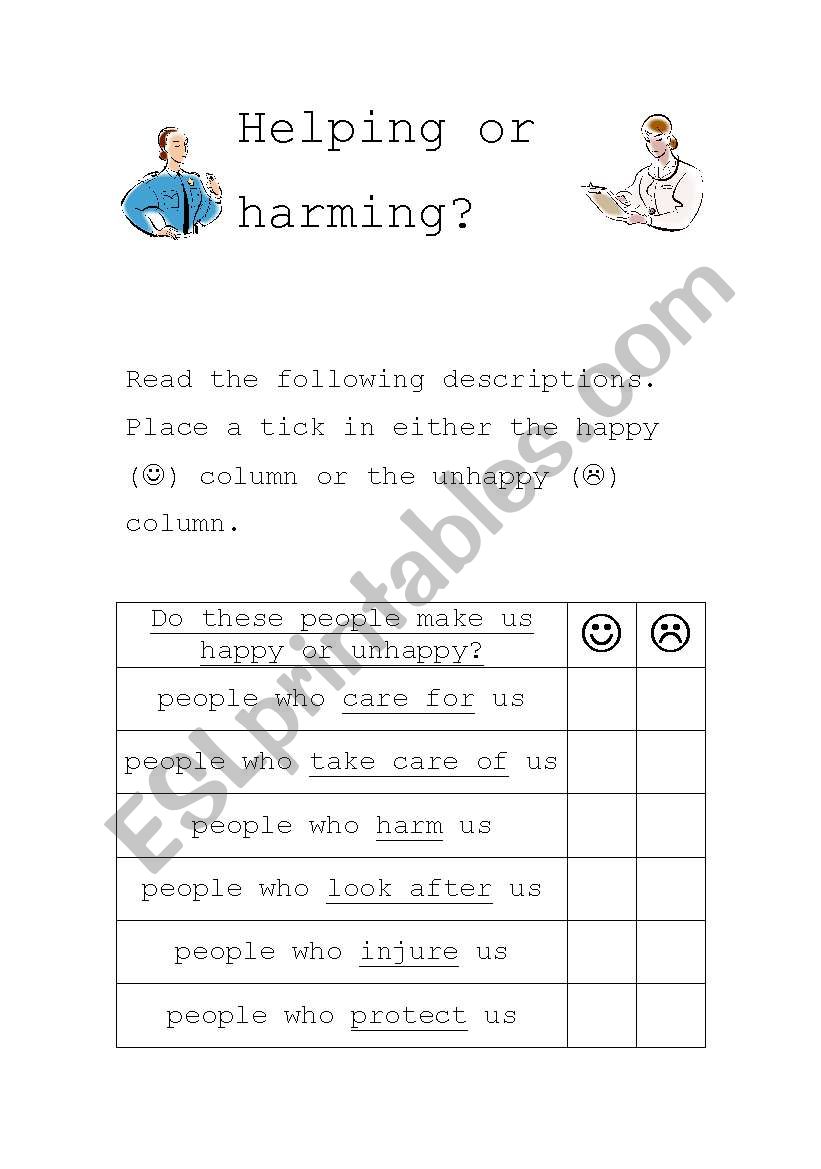 English worksheets: Helping or Harming? Vocabulary related to ´to help´