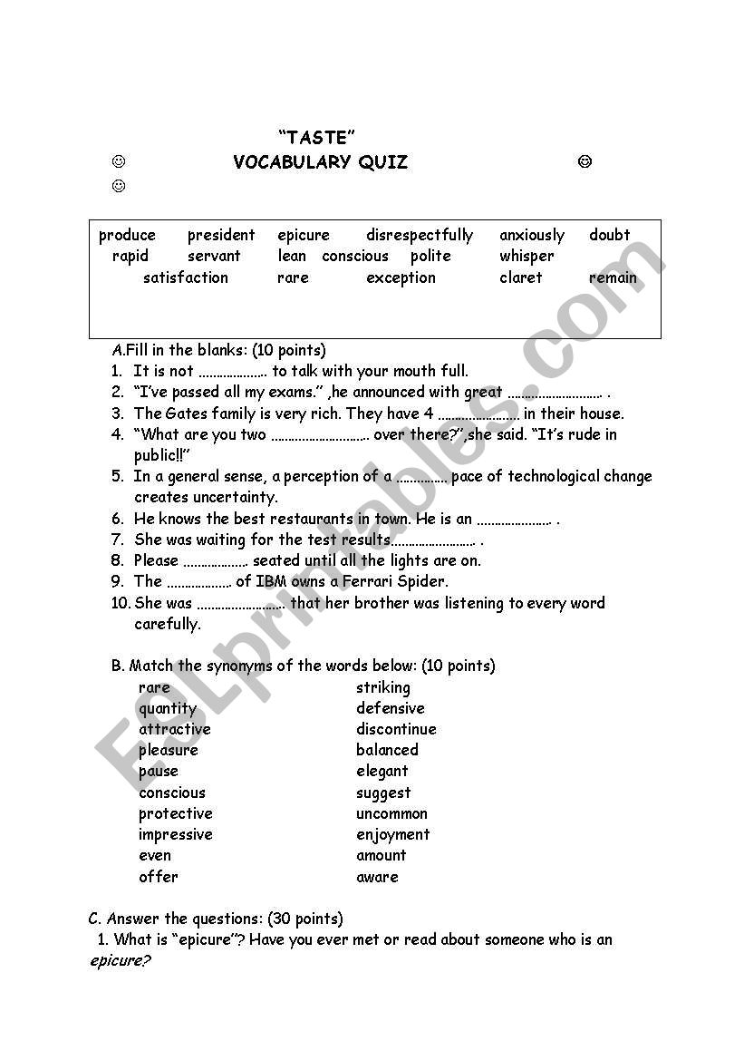 Roald Dahl´s short story "TASTE" quiz worksheet - ESL worksheet by edacaki