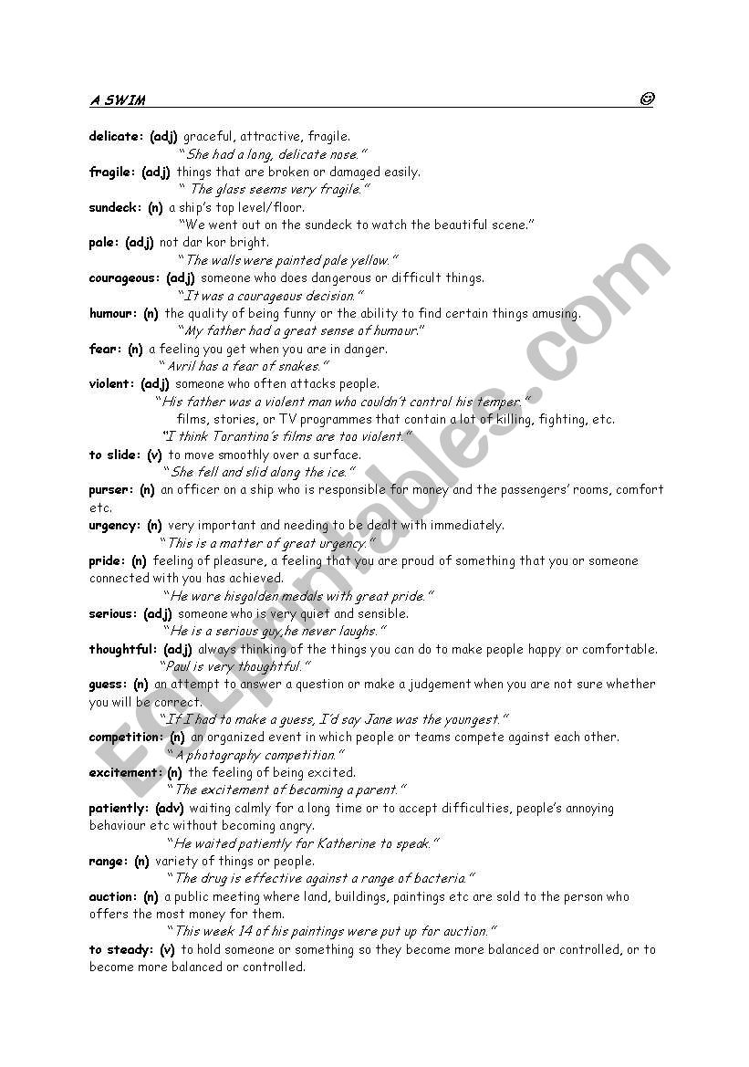 English worksheets: Roald Dahl´s "A SWIM" quiz worksheet