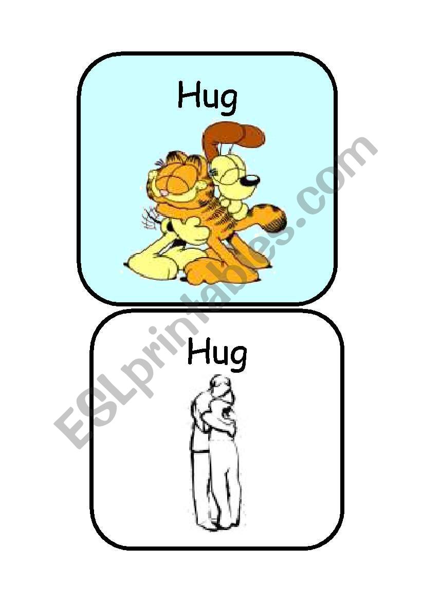 English worksheets: HUG - ´ACTIONS FLASHCARDS" COLORAND B&W- SET 9/13