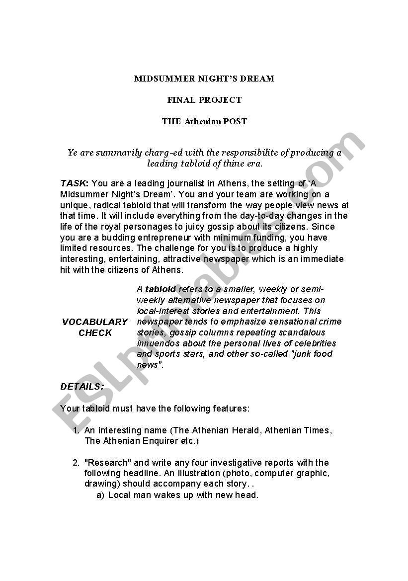 Final Project on Midsummer Night´s Dream - ESL worksheet by grouchyowl