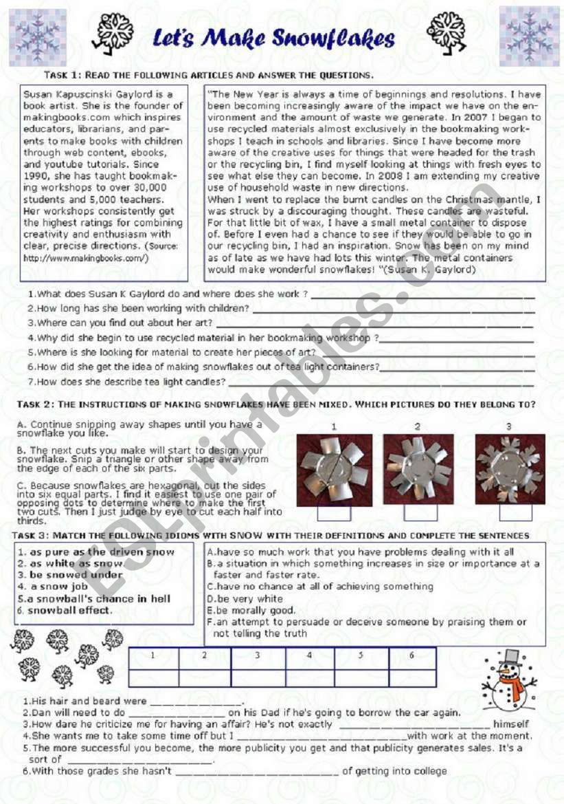 Let´s Make Snowflakes - ESL worksheet by jujuka