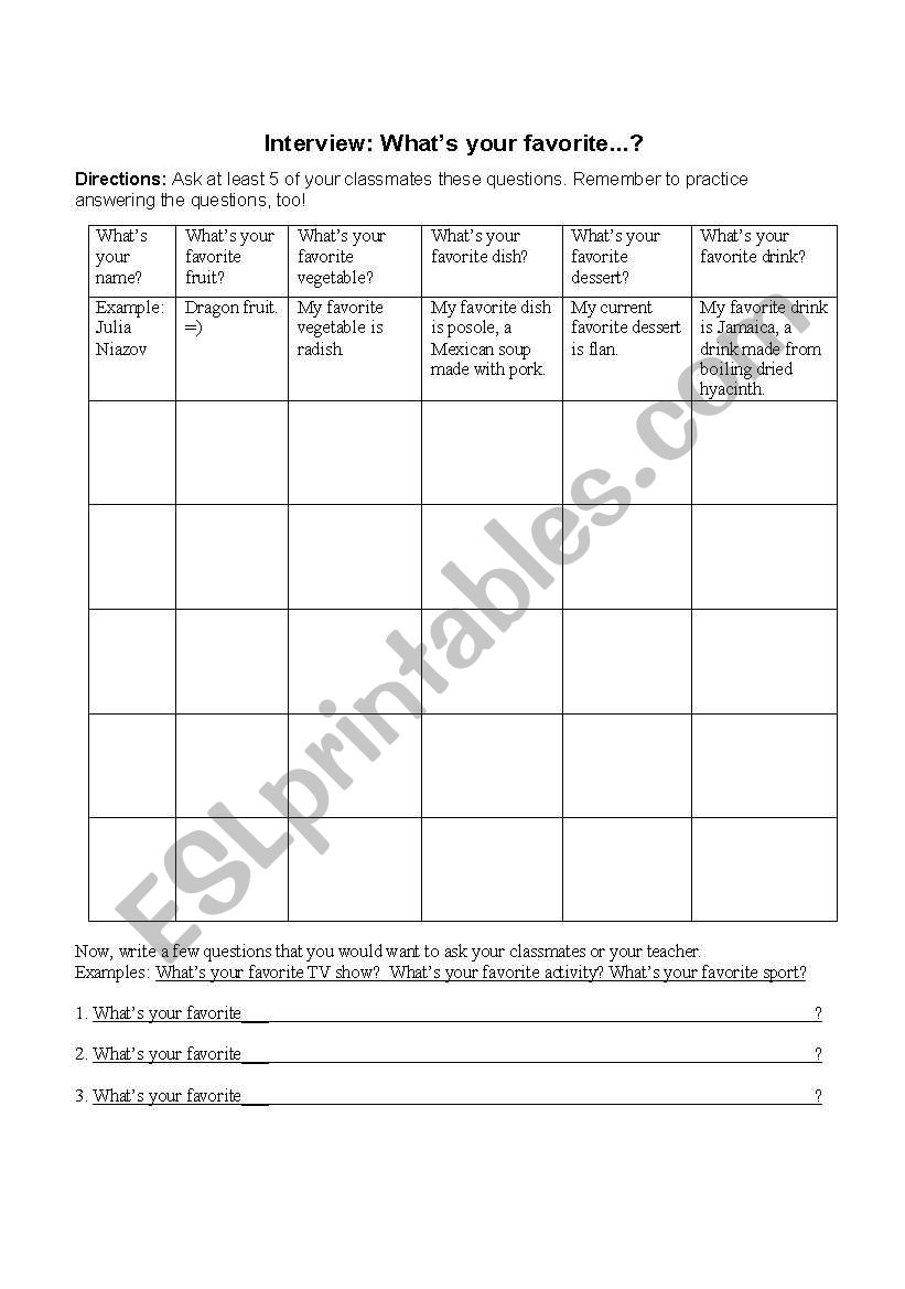 English worksheets: Adult ESL Interview - What´s your favorite?