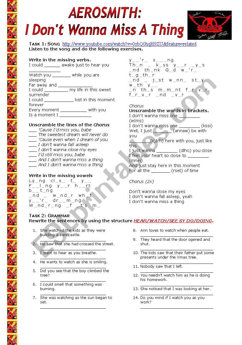 Grammar Through Songs: I DonÂ´t Wanna Miss A Thing - ESL worksheet by ...