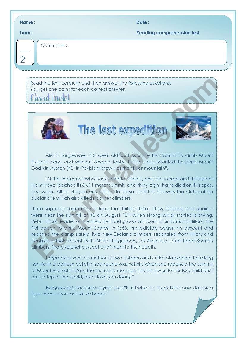 Reading comprehension test on Alison Hargreaves´s last expedition - ESL ...