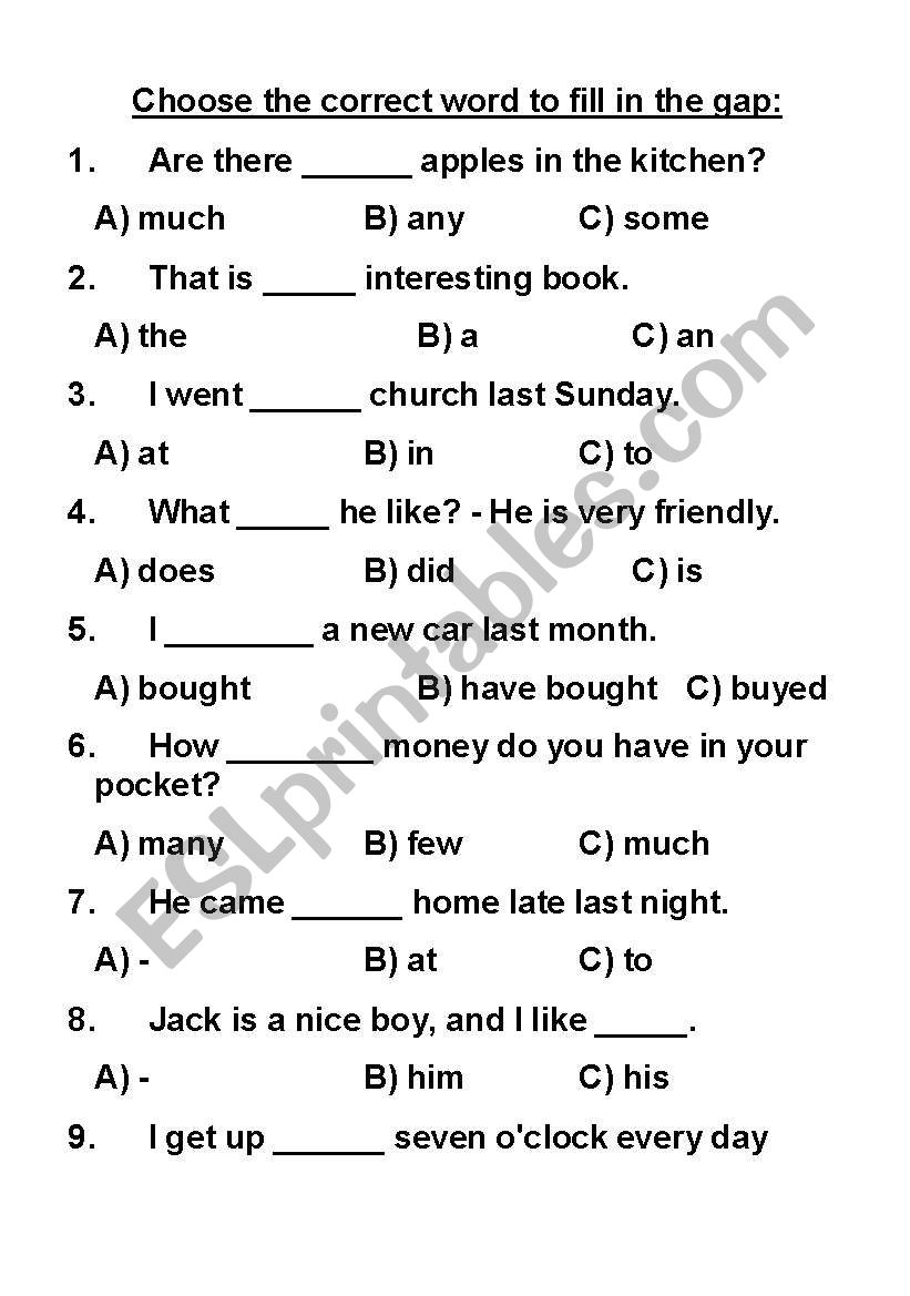 Choose The Correct Word Or Part Of Speech