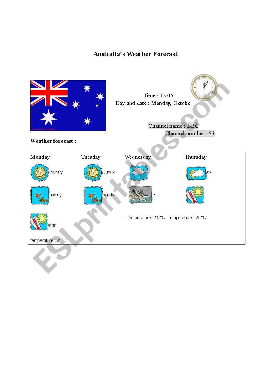 Australia´s weather forecast report (card 1) - ESL worksheet by Gribouille9