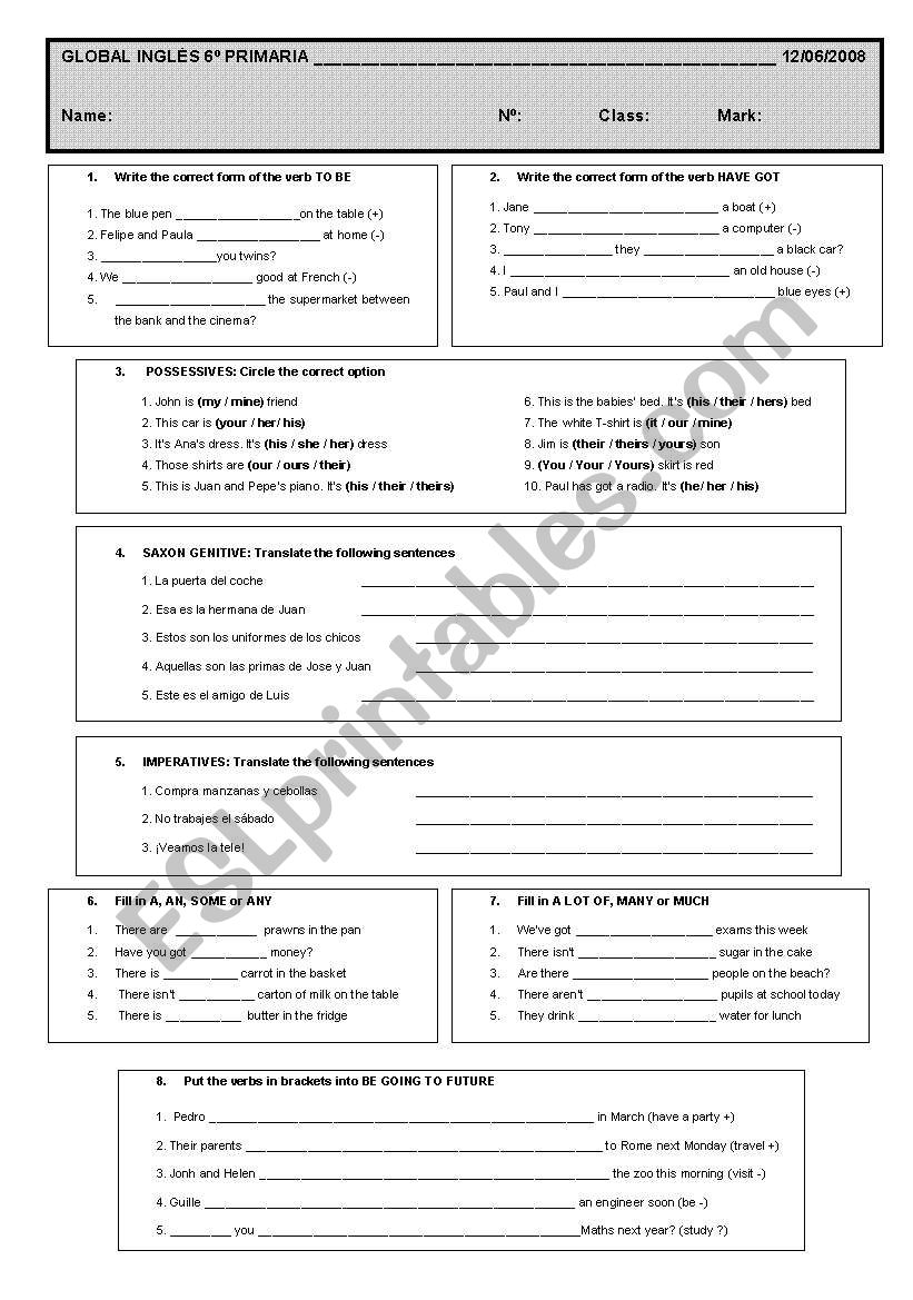 GLOBAL EXAM 6º - ESL worksheet by asunmb