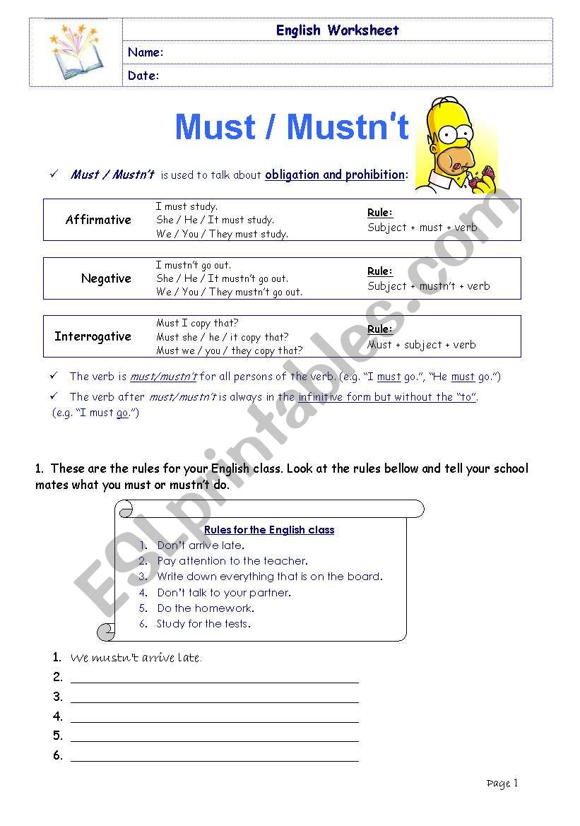 Must/ Mustn´t - ESL worksheet by Diana Parracho