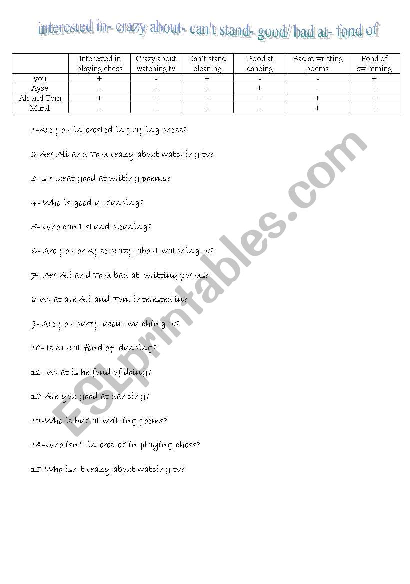 English worksheets: interested in, crazy about, can´t stand, good/bad at