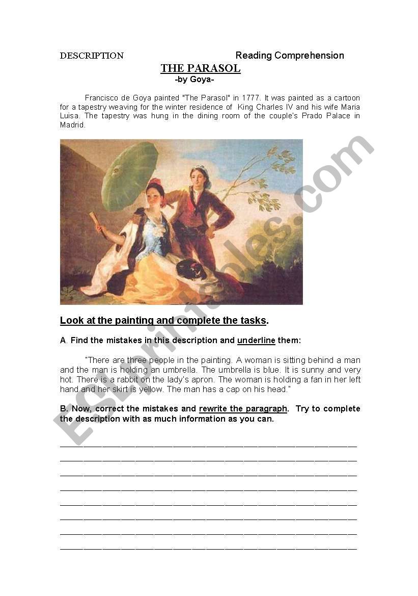 DESCRIBING GOYA´S PAINTING "THE PARASOL" - ESL worksheet by sonia3