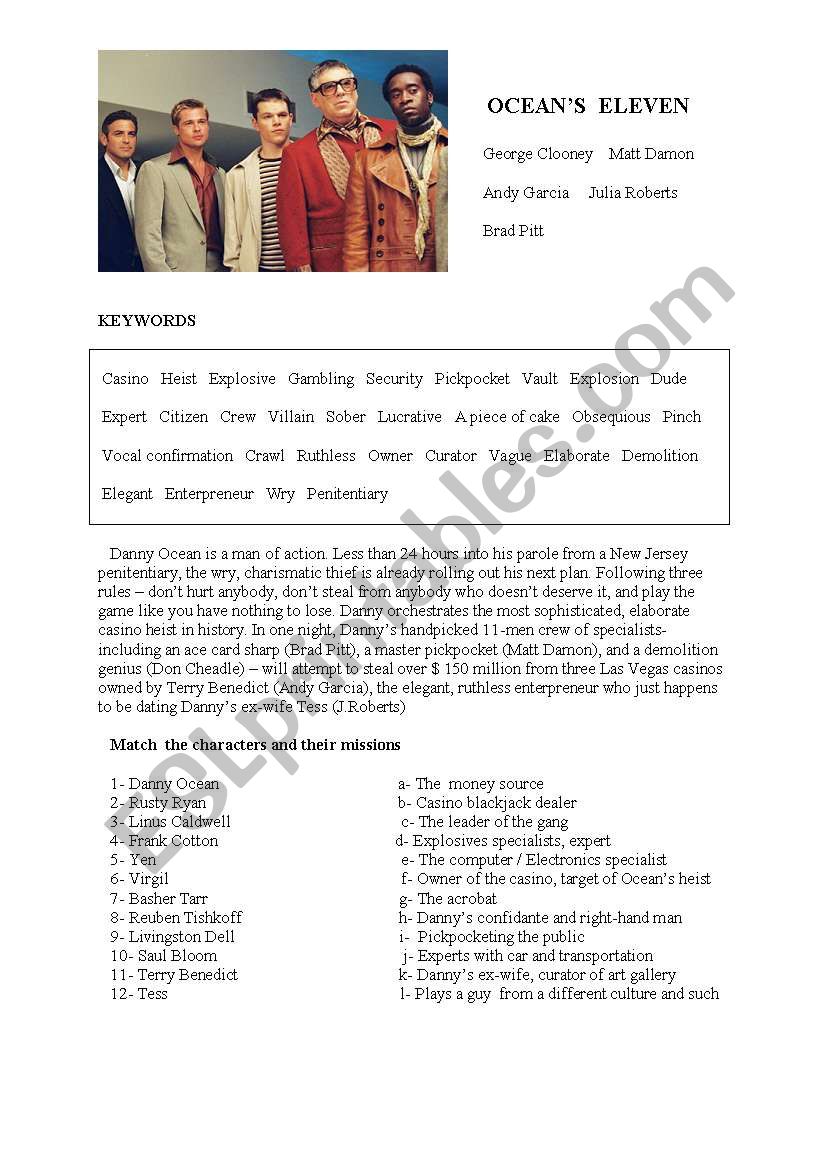 DVD Questions - Ocean´s Eleven - ESL worksheet by mirabel