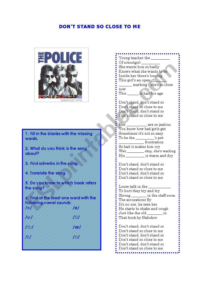 The Police - Don´t Stand so Close to me - ESL worksheet by saninfe